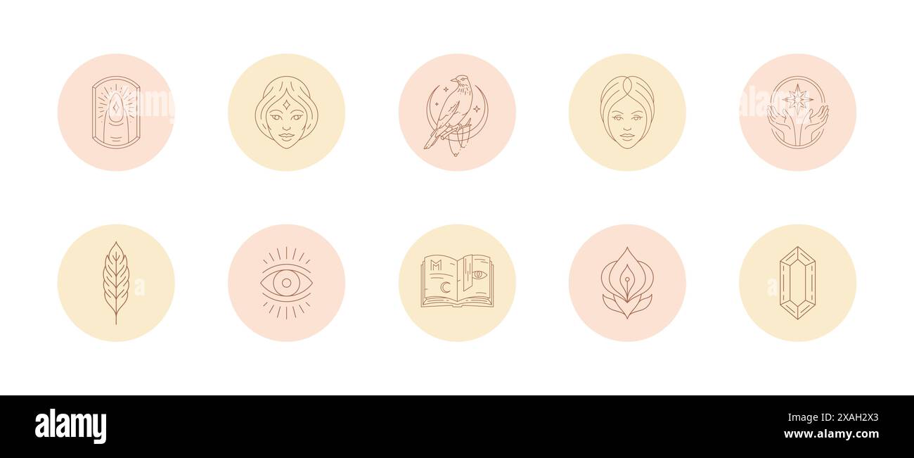 Set of icons and emblems for social media stories highlight covers in linear style vector ...