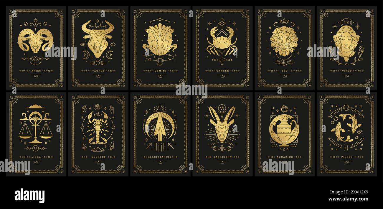 Zodiac Astrology Horoscope Cards Linocut Silhouettes Design Vector