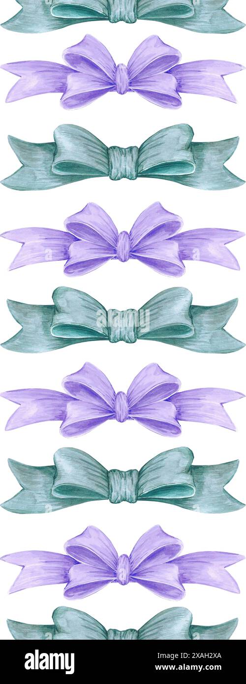 Hand drawn watercolor green and blue bow seamless border isolated on ...