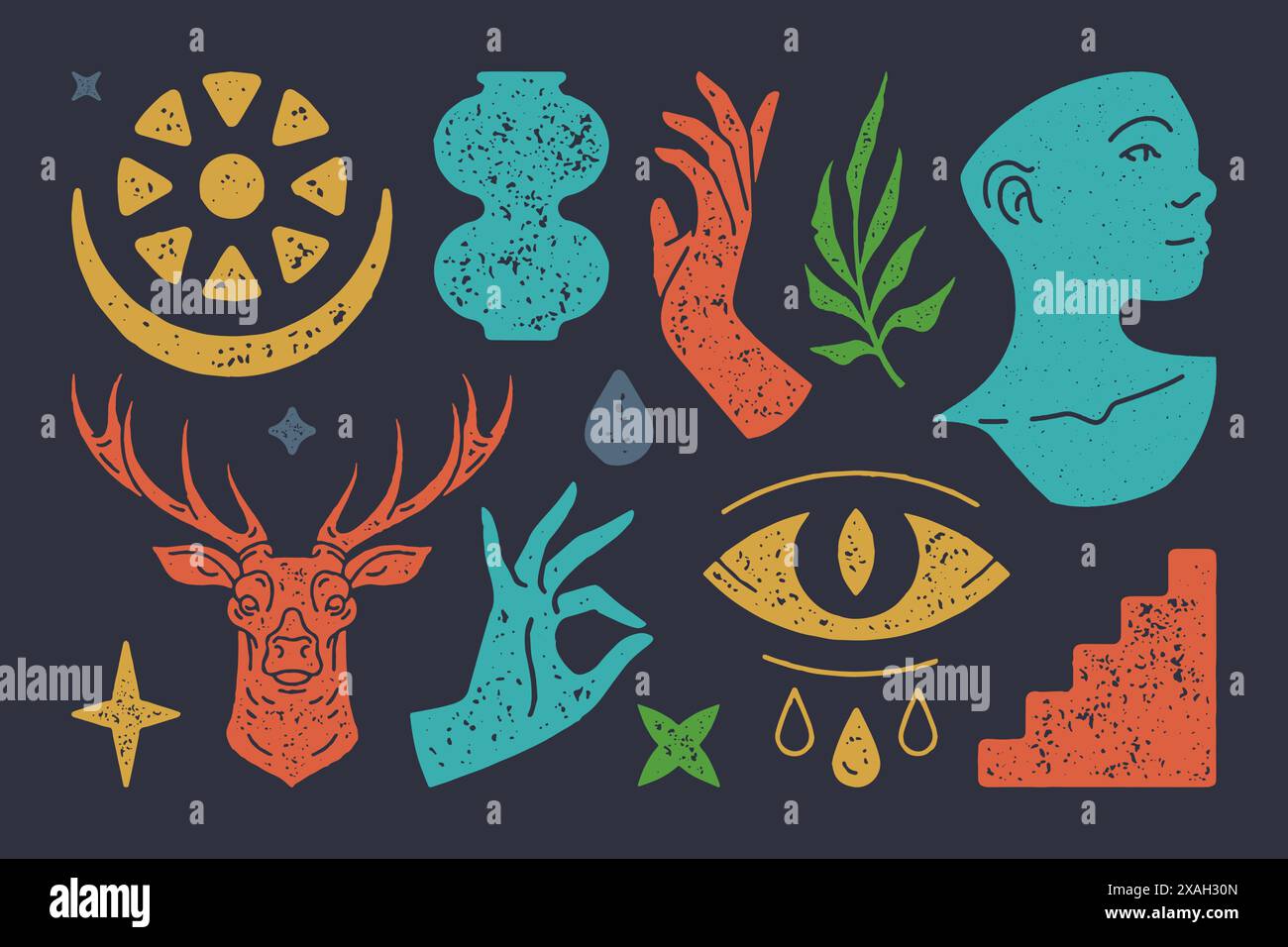 Abstract crying boho eye with floral crescent. Bust of antique ...