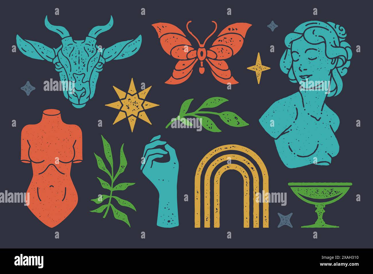 Antique female sculpture with mystical arched boho gates. Ancient bust ...