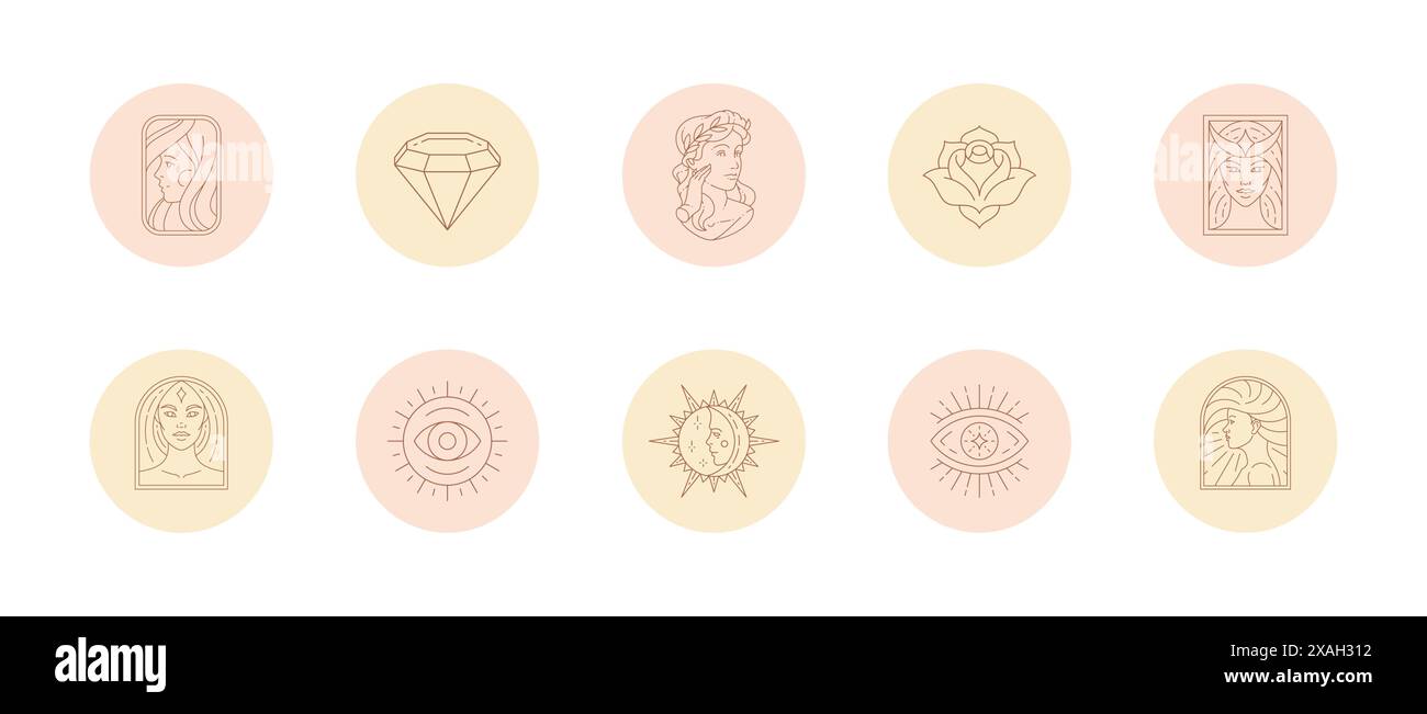 Set of icons and emblems for social media stories highlight covers in linear style vector ...