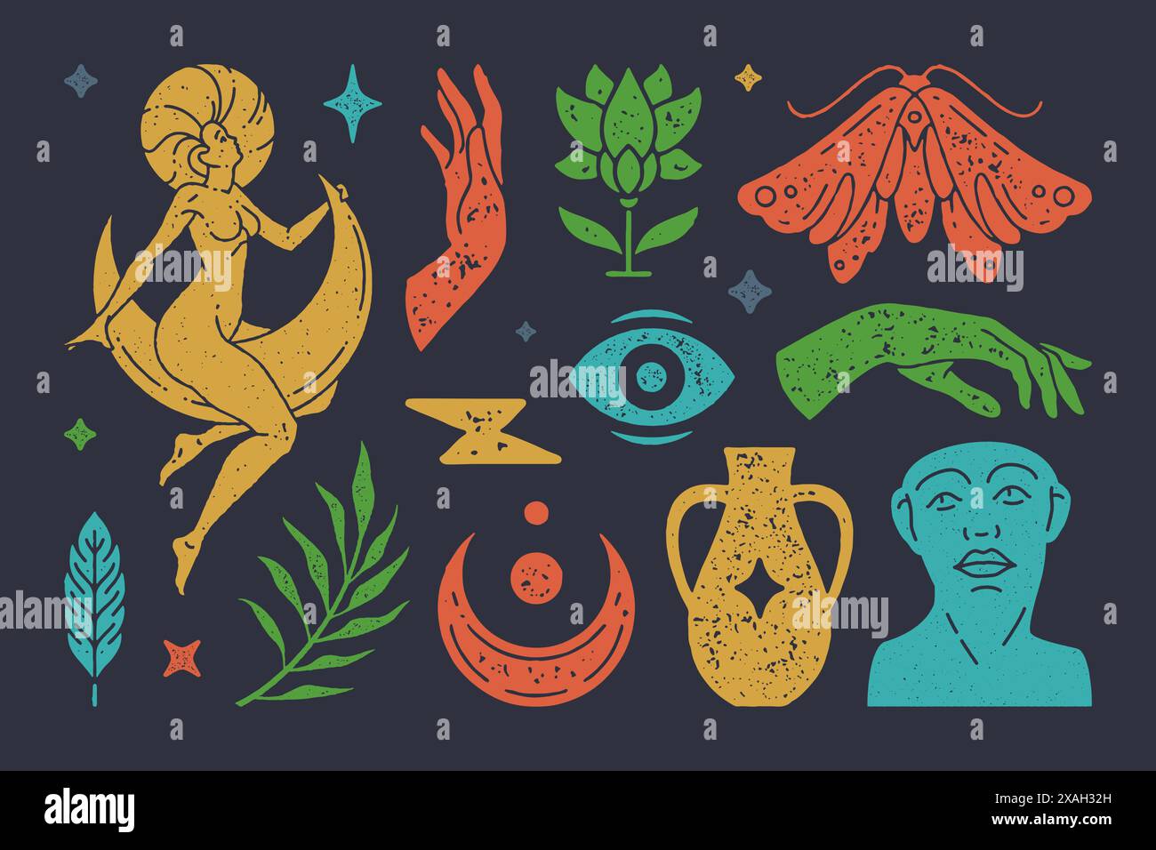 Bohemian goddess on crescent moon surrounded by stars. Magic hand ...