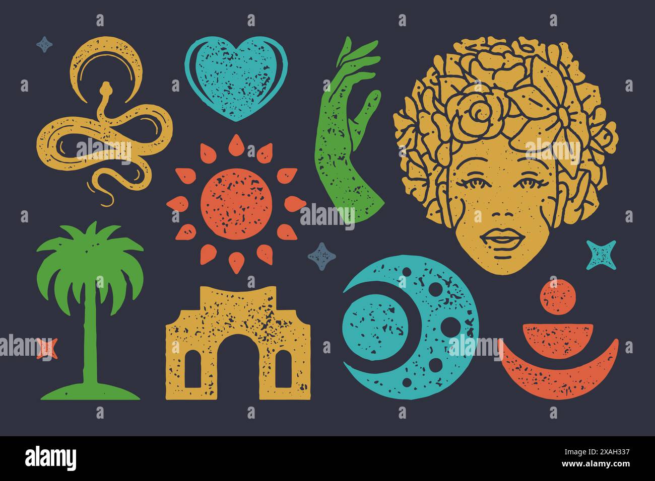 Antique woman head in flowers and boho symbol of sun. Esoteric snake ...