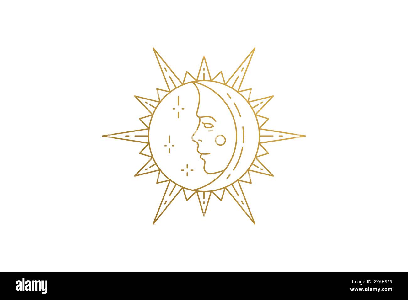 Sun and moon with female face silhouette linear vector illustration ...