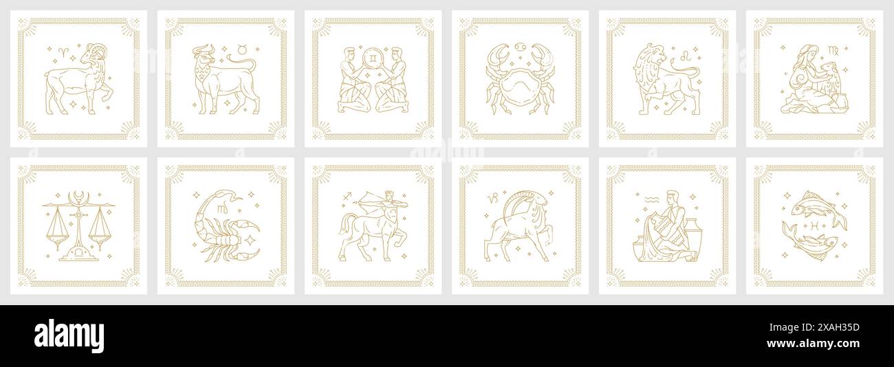 Zodiac astrology horoscope signs linear design vector illustrations set ...