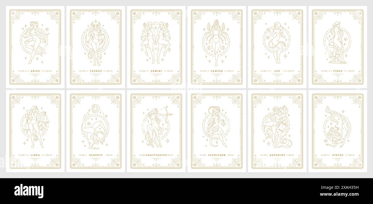 Zodiac Womans Horoscope Signs Linear Silhouettes Design Vector