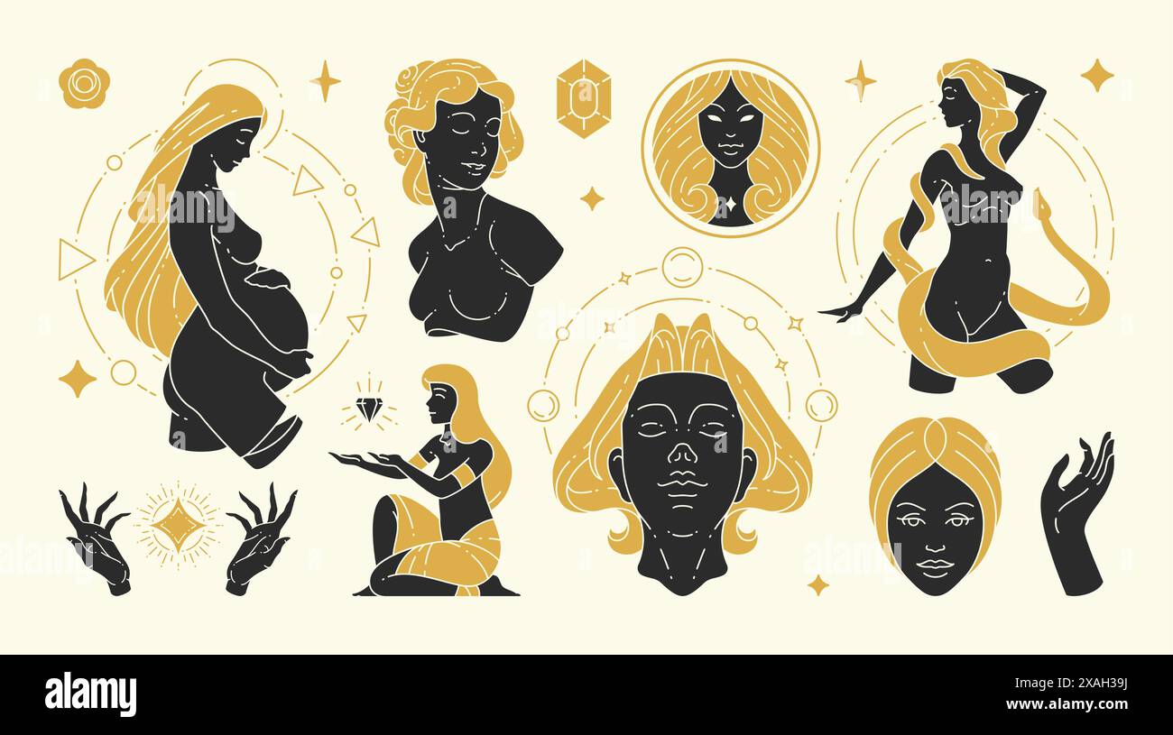 Magic woman vector illustrations of graceful feminine women and esoteric symbols set. Mysterious ...