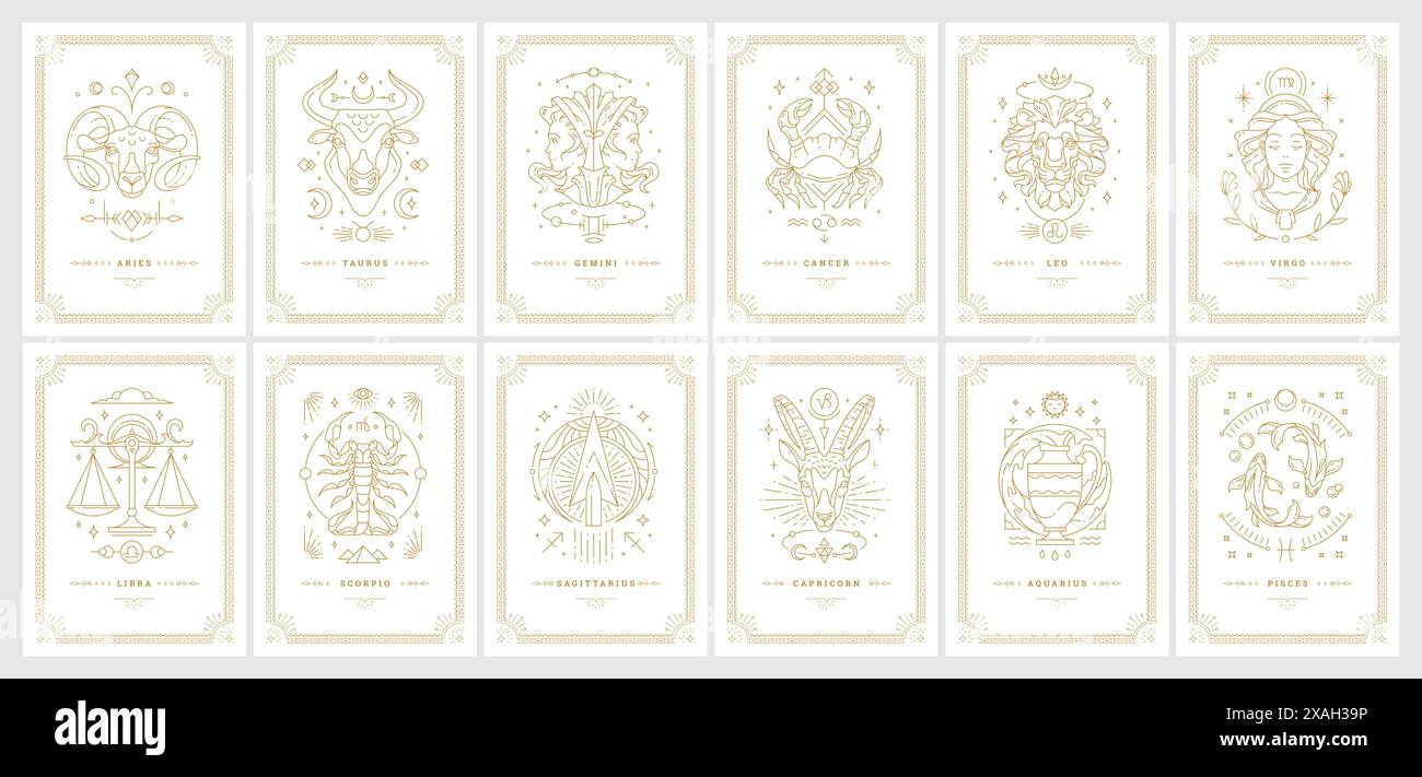 Zodiac astrology horoscope cards linear design vector illustrations set ...
