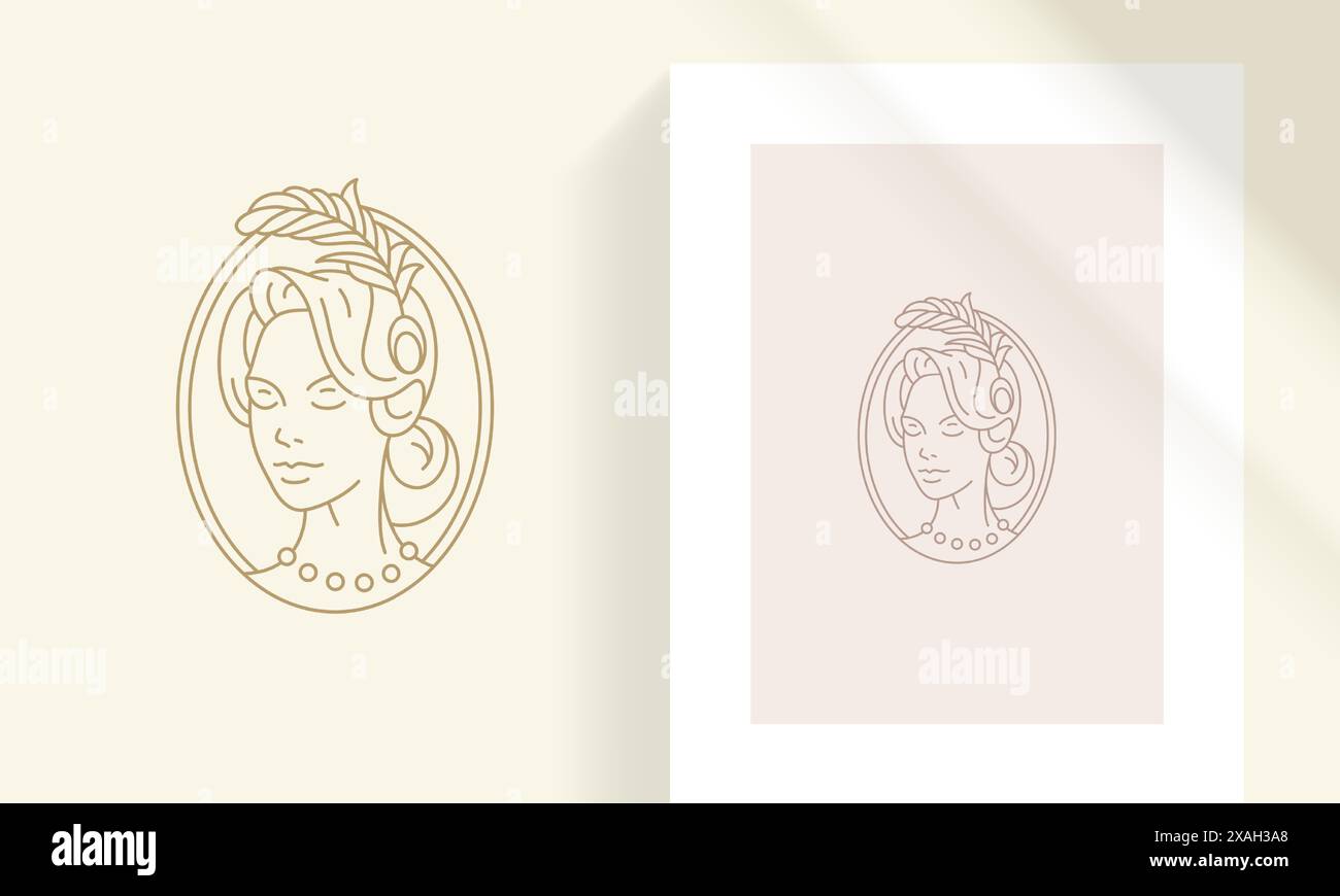 Vintage woman in oval frame silhouette linear vector illustration ...