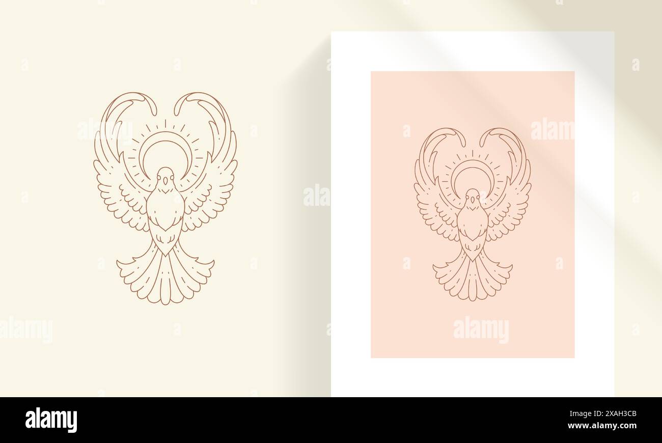 Flying dove against shiny sun as symbol of peace line art style vector ...