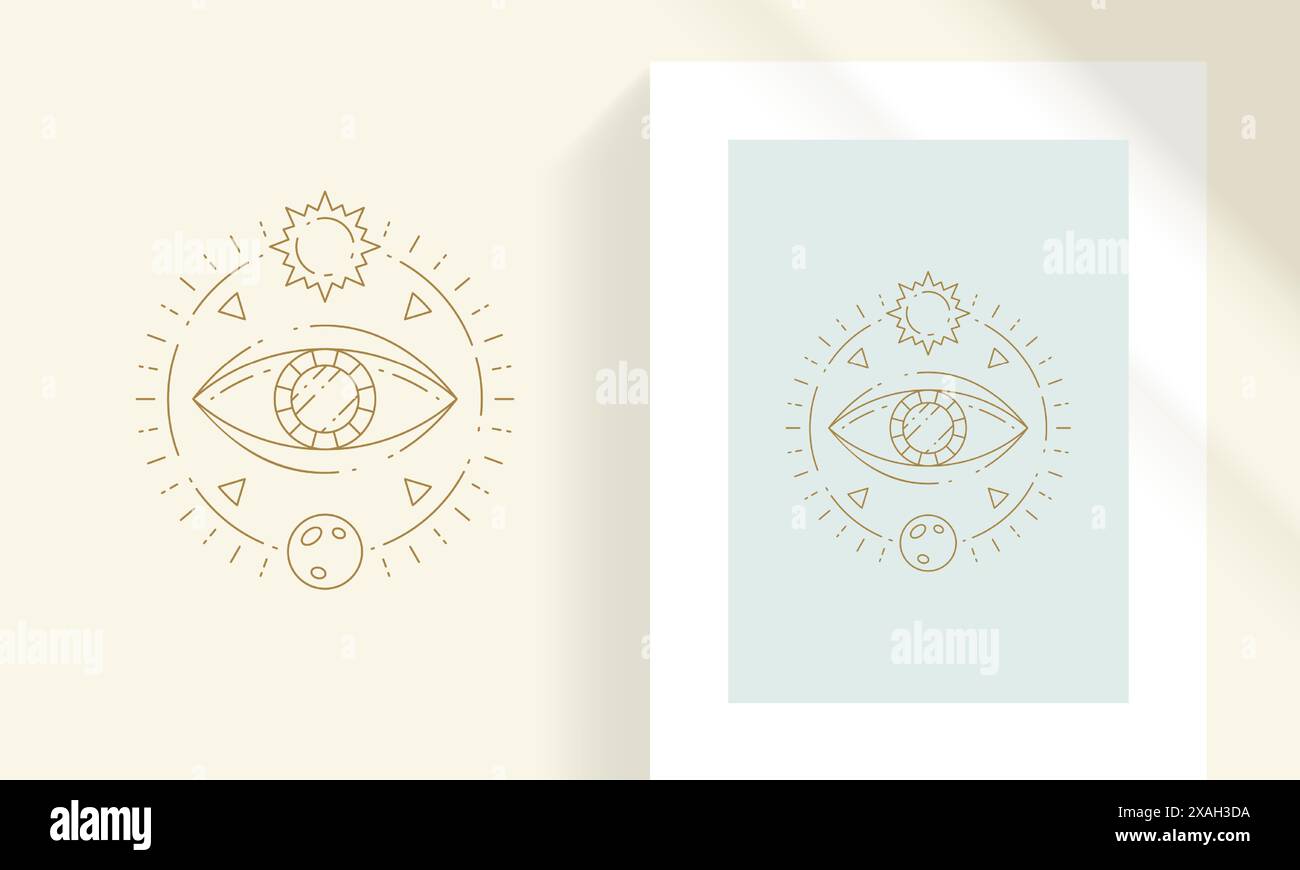 Esoteric eye with moon and sun line art style vector illustration ...