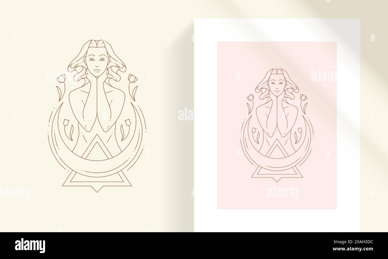 Beautiful bohemian female with moon and flowers line art style vector ...