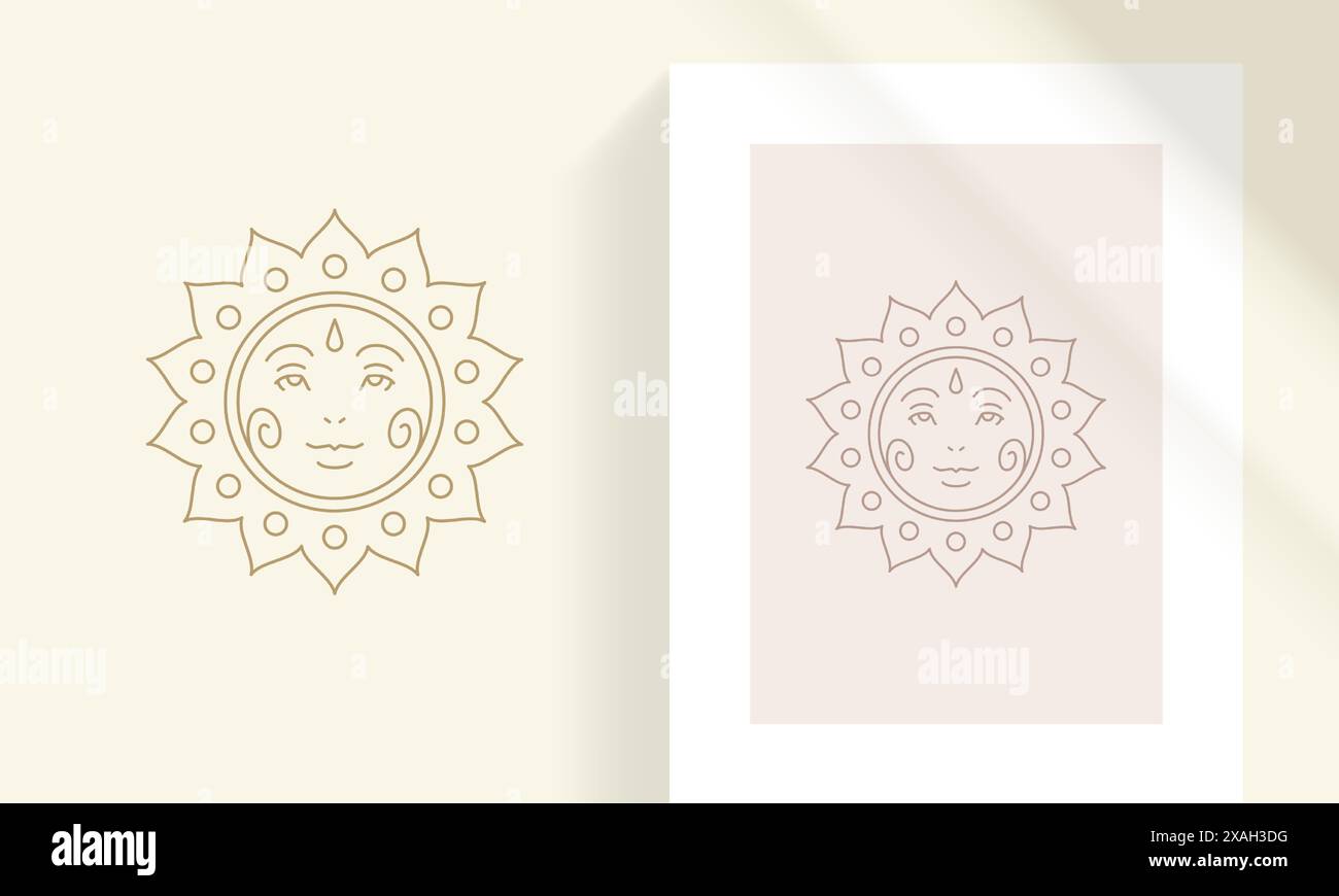 Abstract sun with human face silhouette linear vector illustration ...