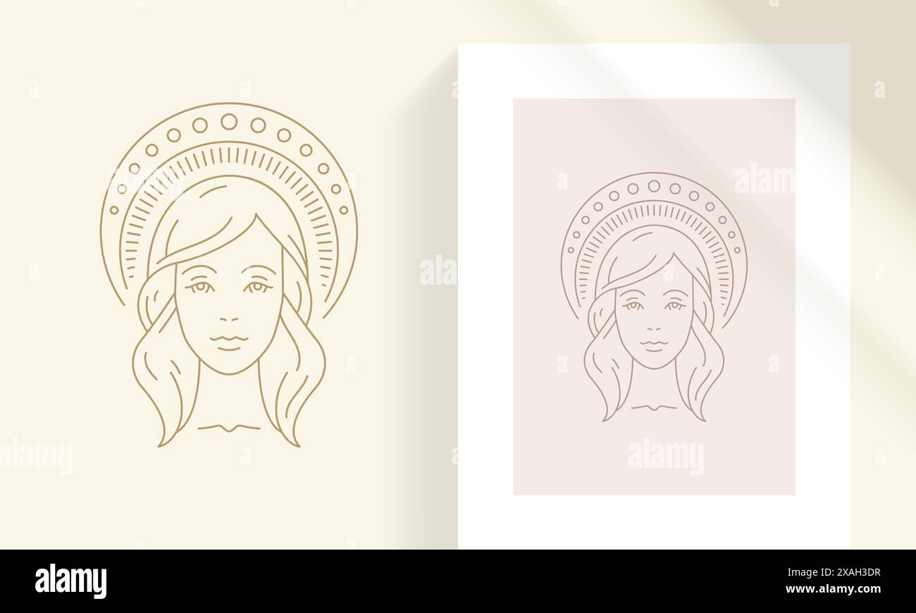 Woman head with celestial ornamental headgear silhouette linear vector ...