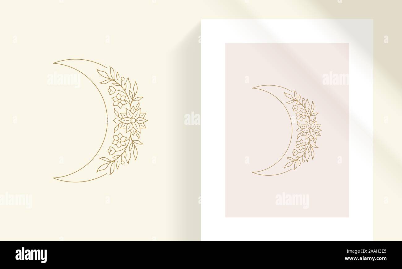 Magic crescent moon with floral wreath line art style vector ...