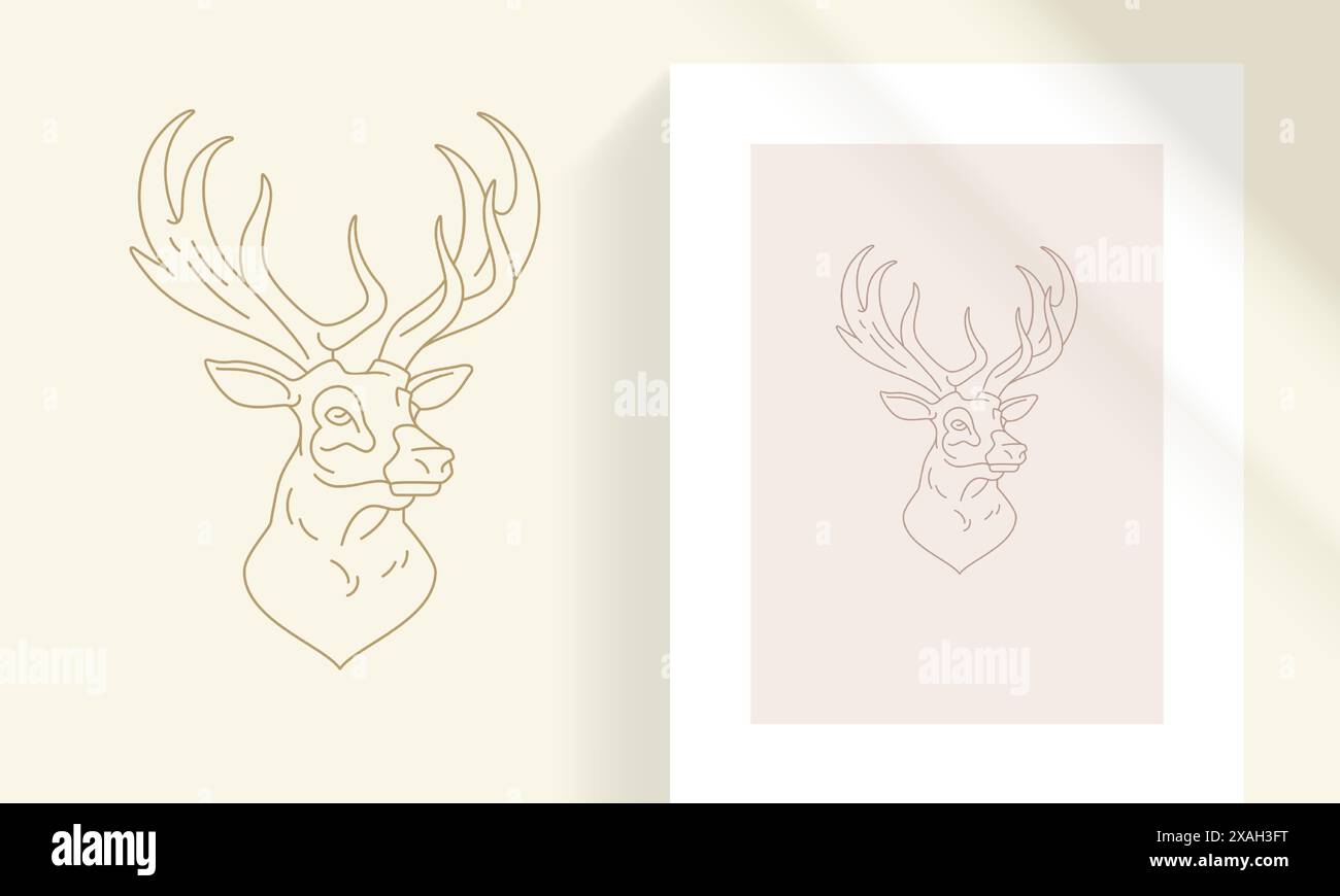 Deer head with huge antlers silhouette linear vector illustration ...