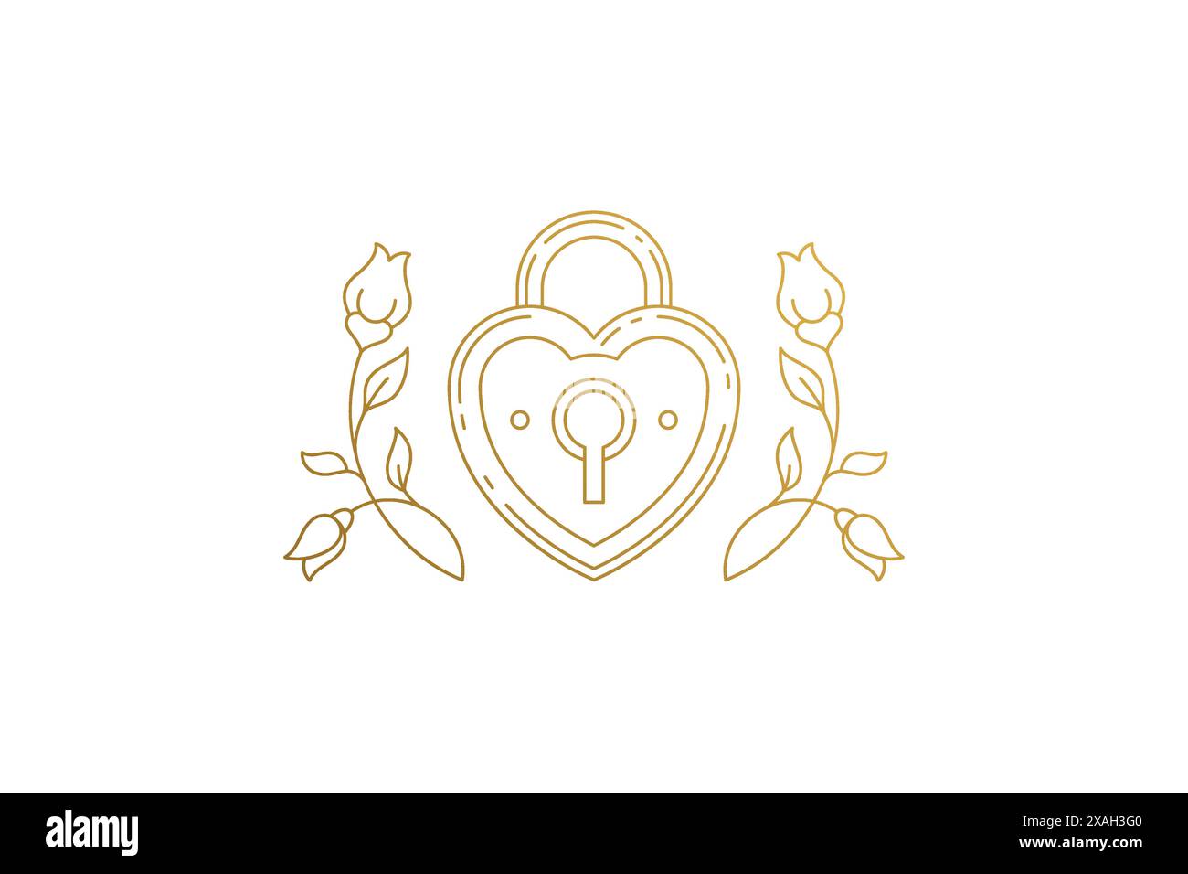 Flowers and heart shaped padlock silhouette linear vector illustration ...