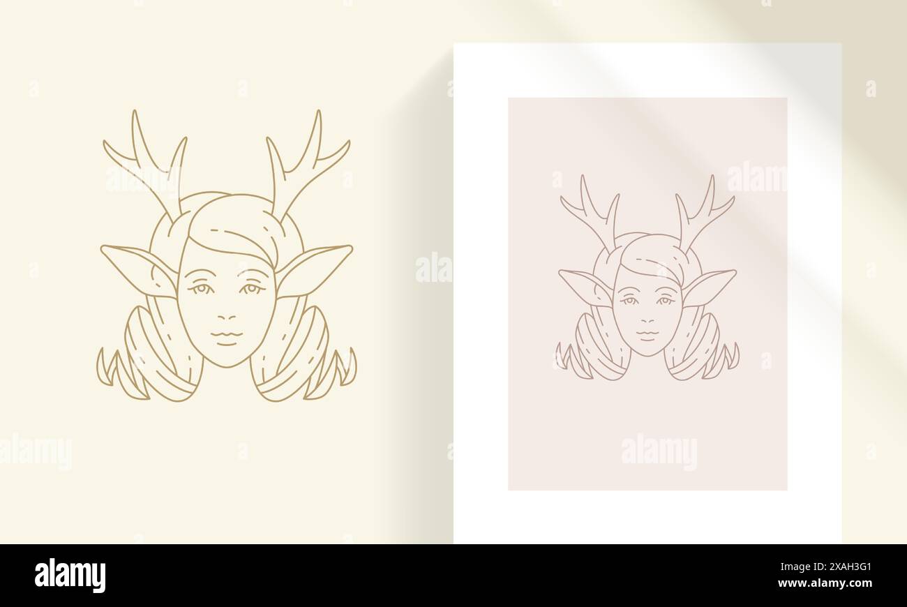 Female faun head with antlers silhouette linear vector illustration ...