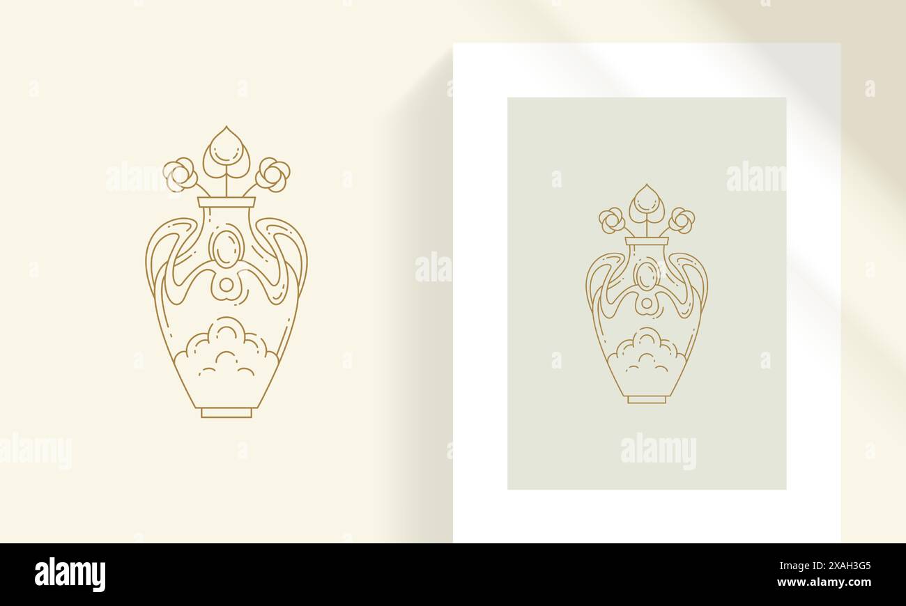 Antique vase with flowers line art style vector illustration. Boho ...