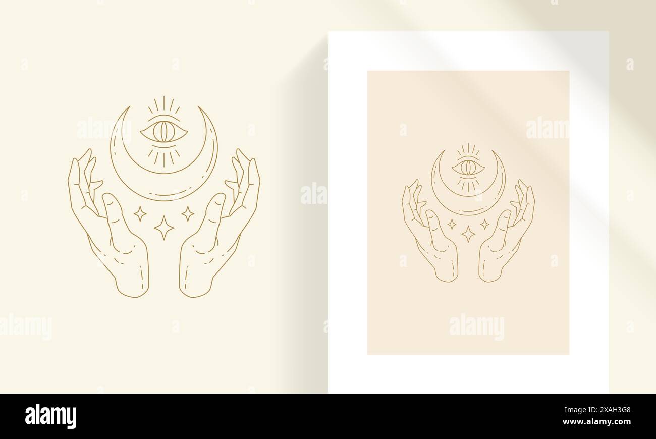 Female hands with crescent moon line art style vector illustration ...