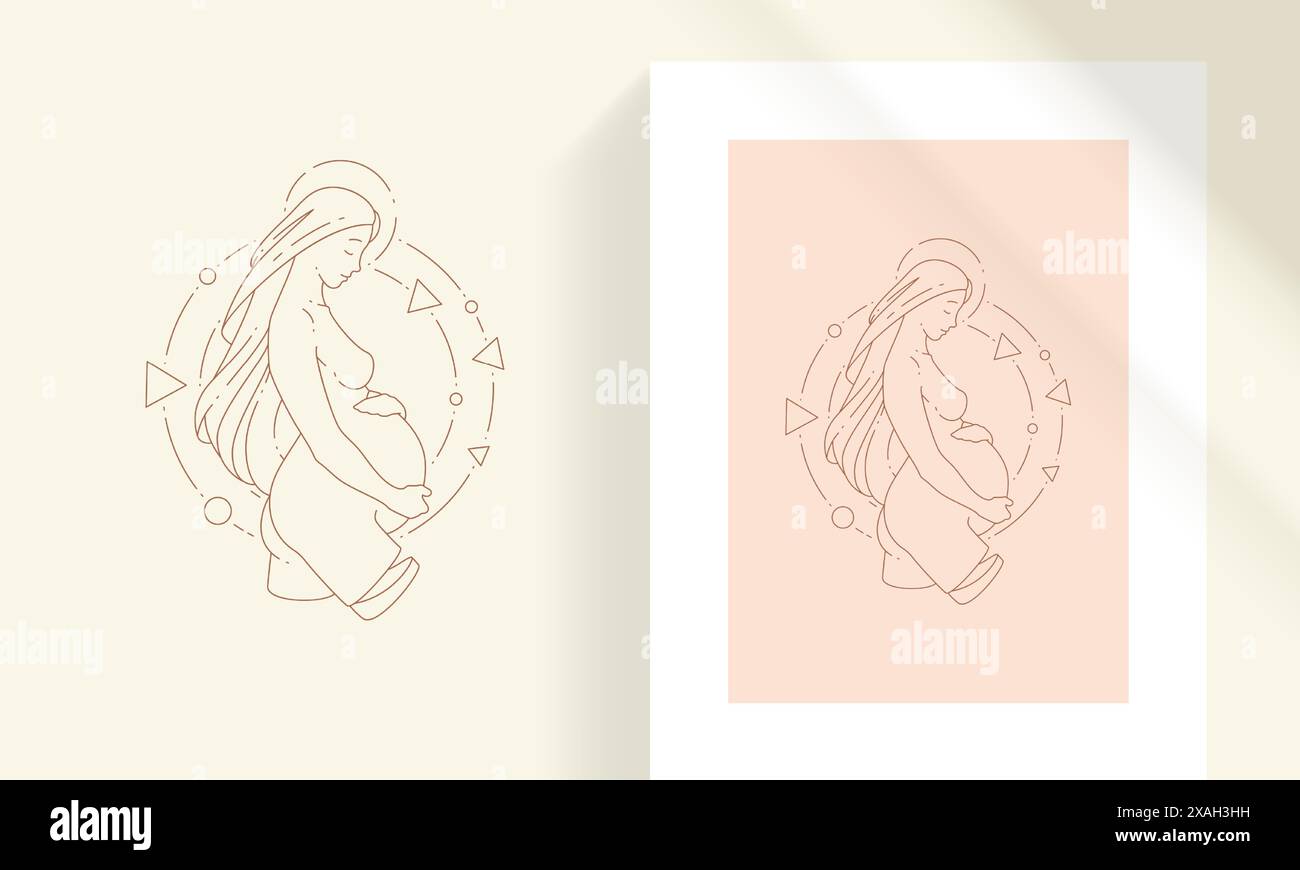 Pregnant female embracing belly line art style vector illustration ...
