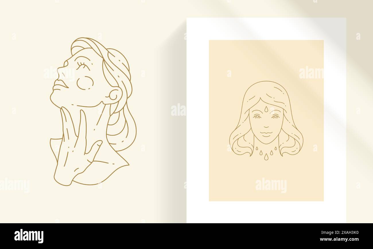 Magical female face as sculpture bust line art style vector ...