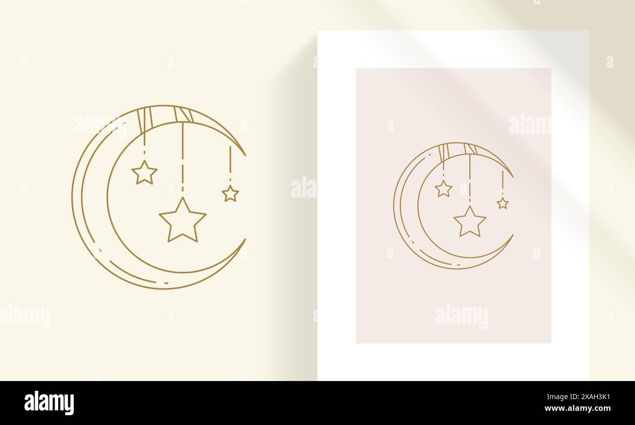 Crescent moon and stars line art style vector illustration. Boho ...