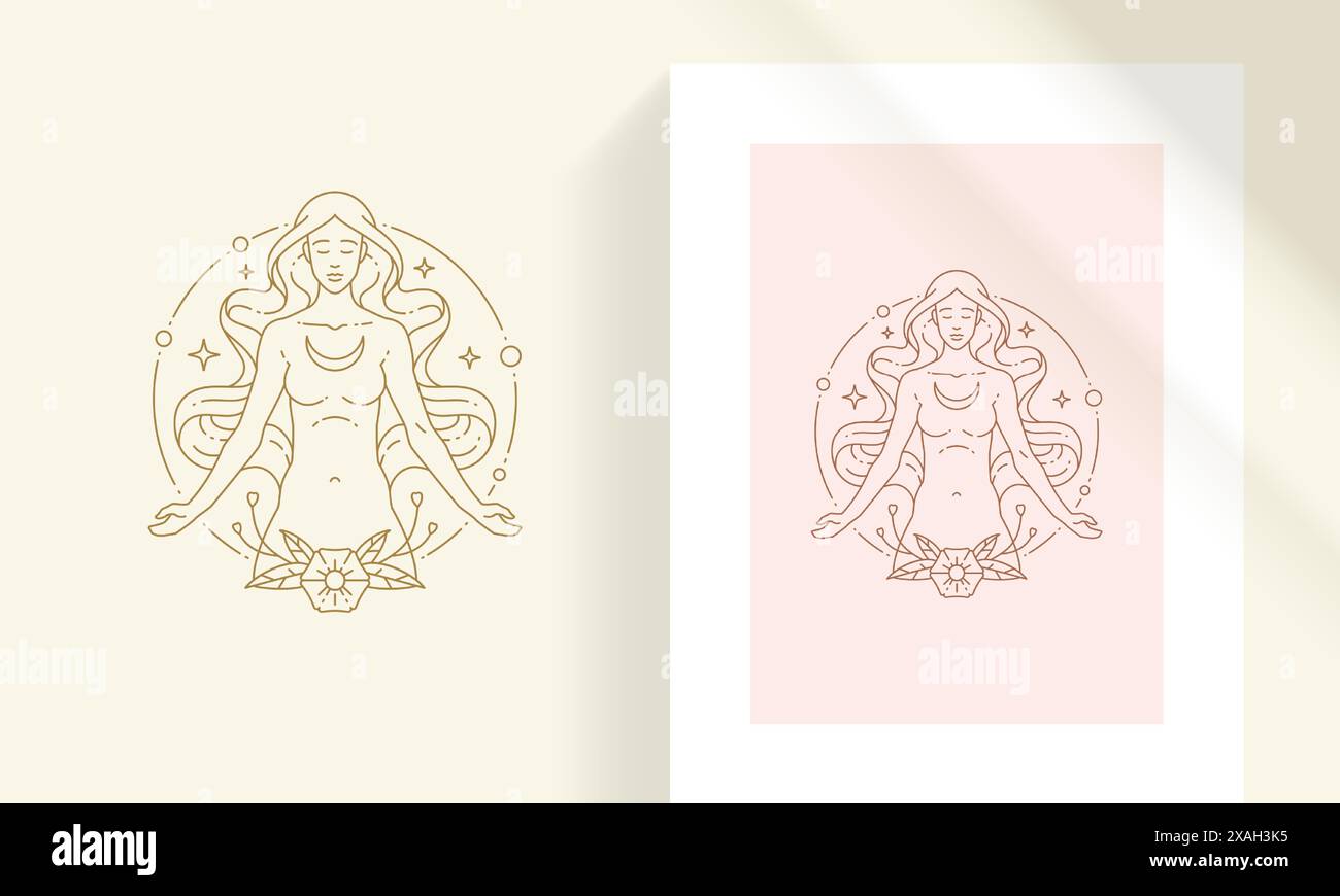 Beautiful bohemian female with moon line art style vector illustration ...