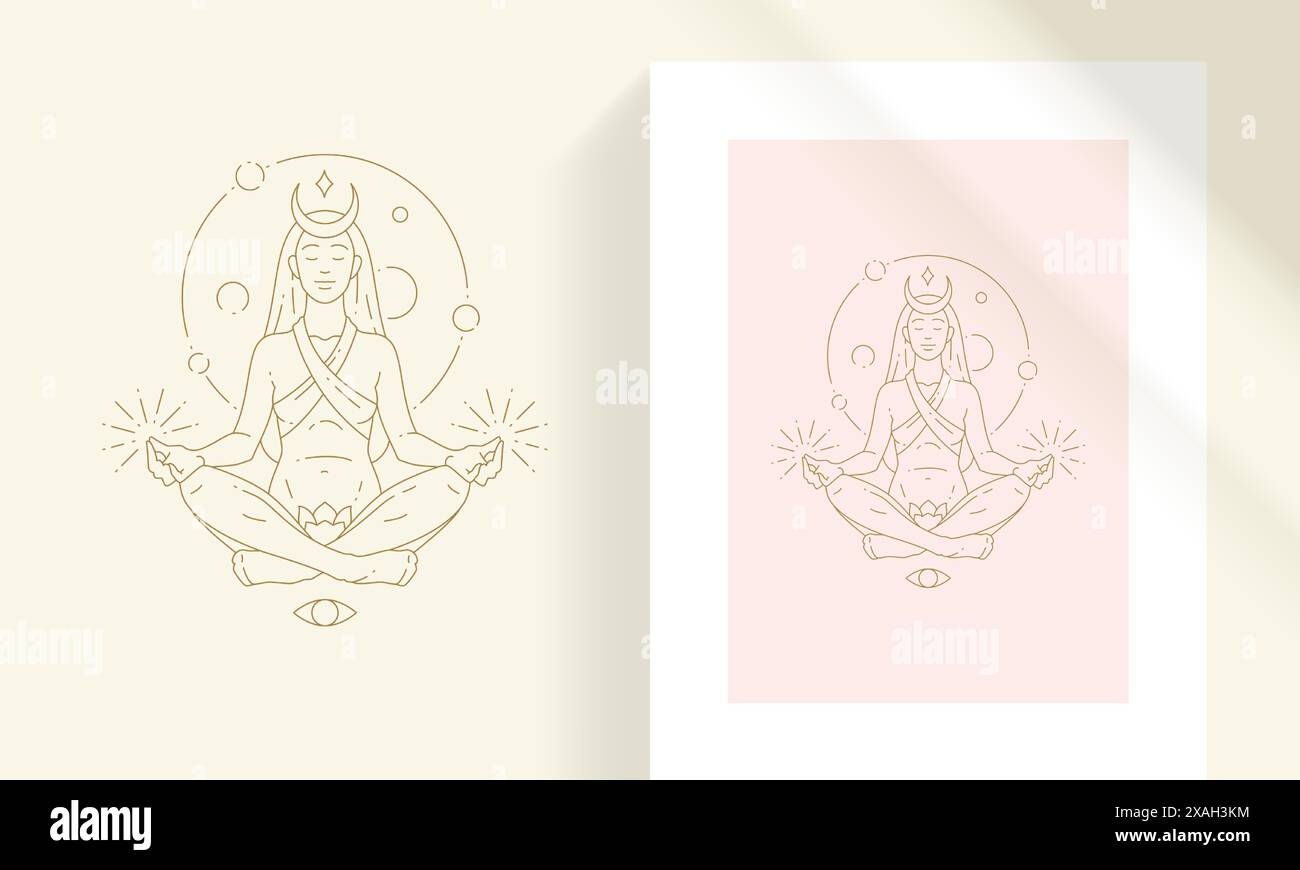Beautiful bohemian female in yoga pose line art style vector ...