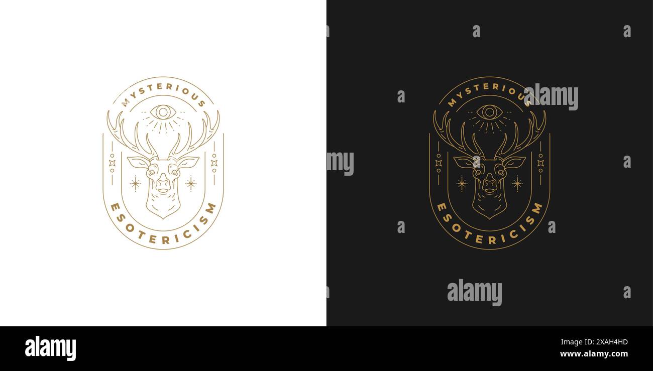 Deer head logo template with huge antlers silhouette linear vector ...
