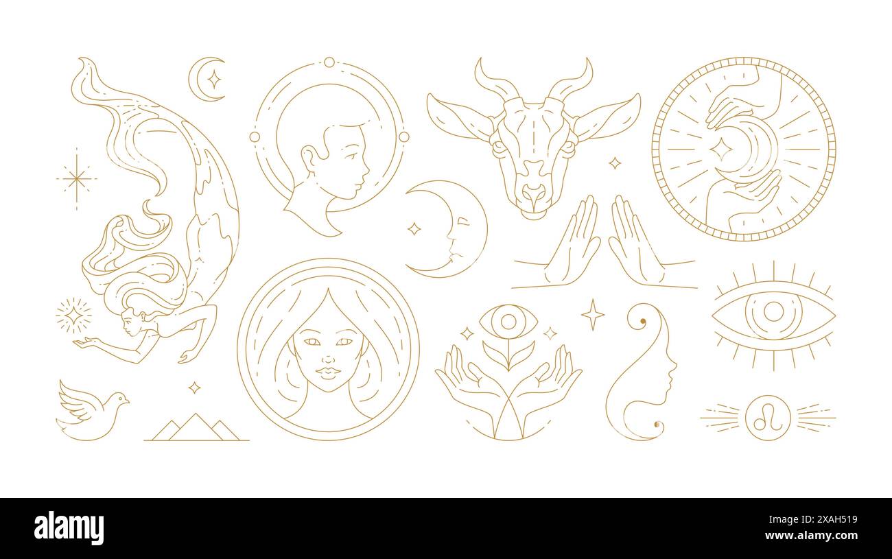 Magic woman boho vector illustrations of graceful feminine women and esoteric symbols set ...