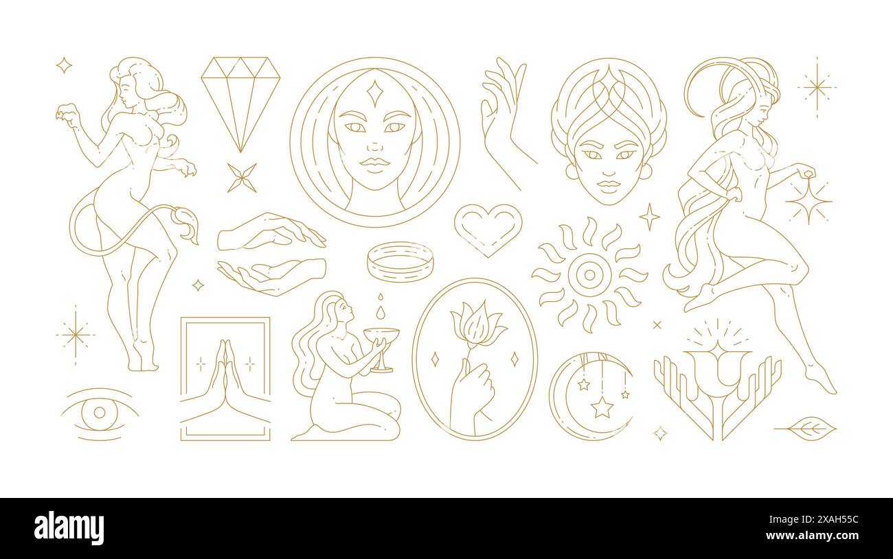 Magic woman boho vector illustrations of graceful feminine women and esoteric symbols set ...