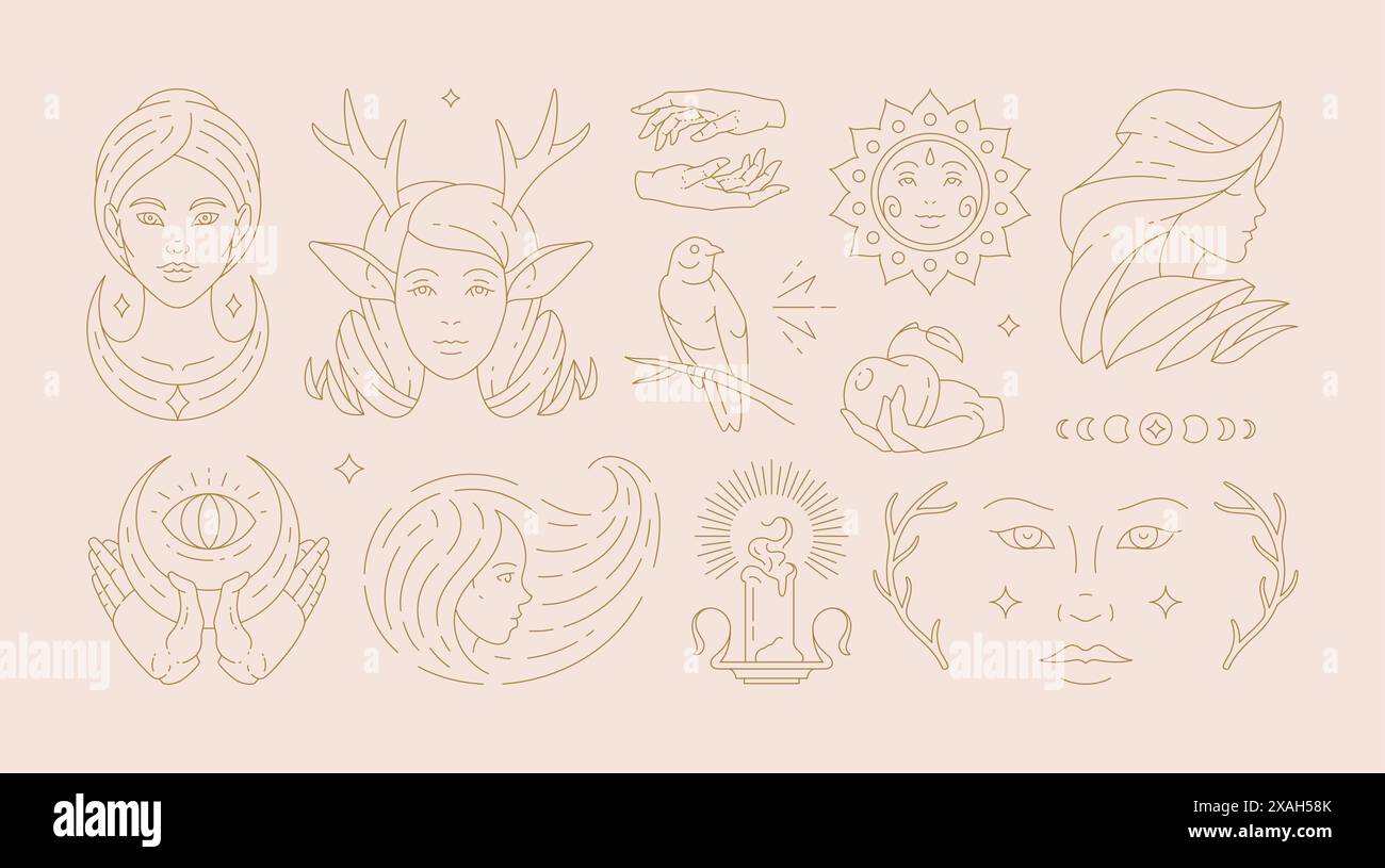 Magic woman boho vector illustrations of graceful feminine women and ...