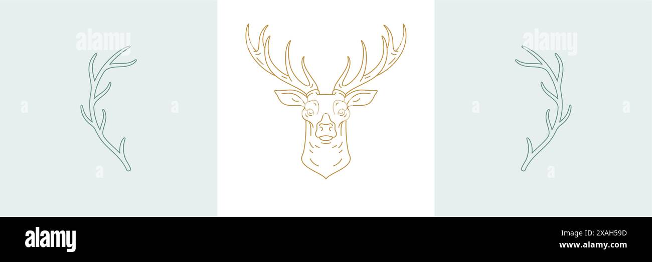 Antlers and head of wild deer in boho linear style vector illustrations ...