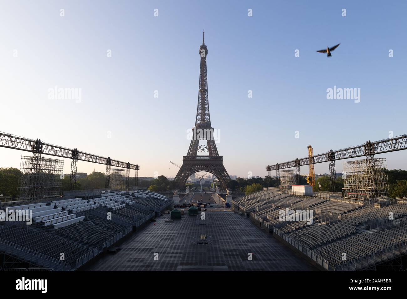 Paris, France. 07th June, 2024. The Olympic rings are seen on the ...