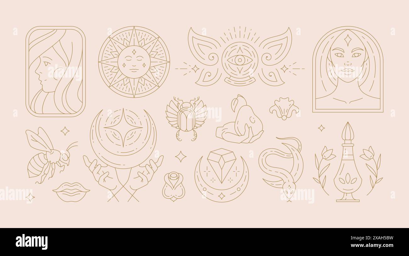 Magic woman boho vector illustrations of graceful feminine women and esoteric symbols set ...