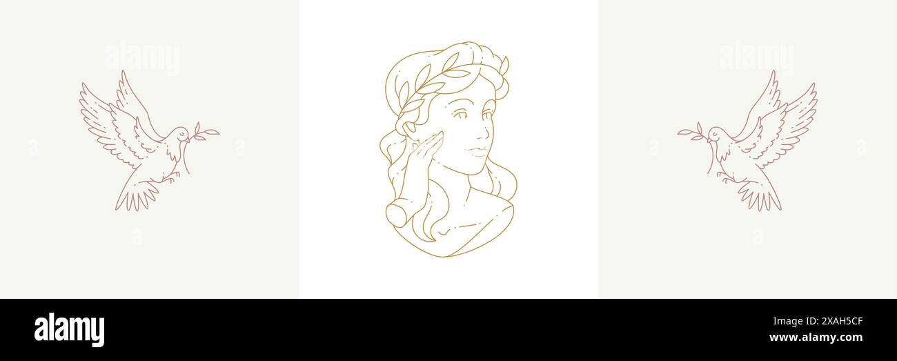 Woman bust and flying doves with olive branches in boho linear style ...