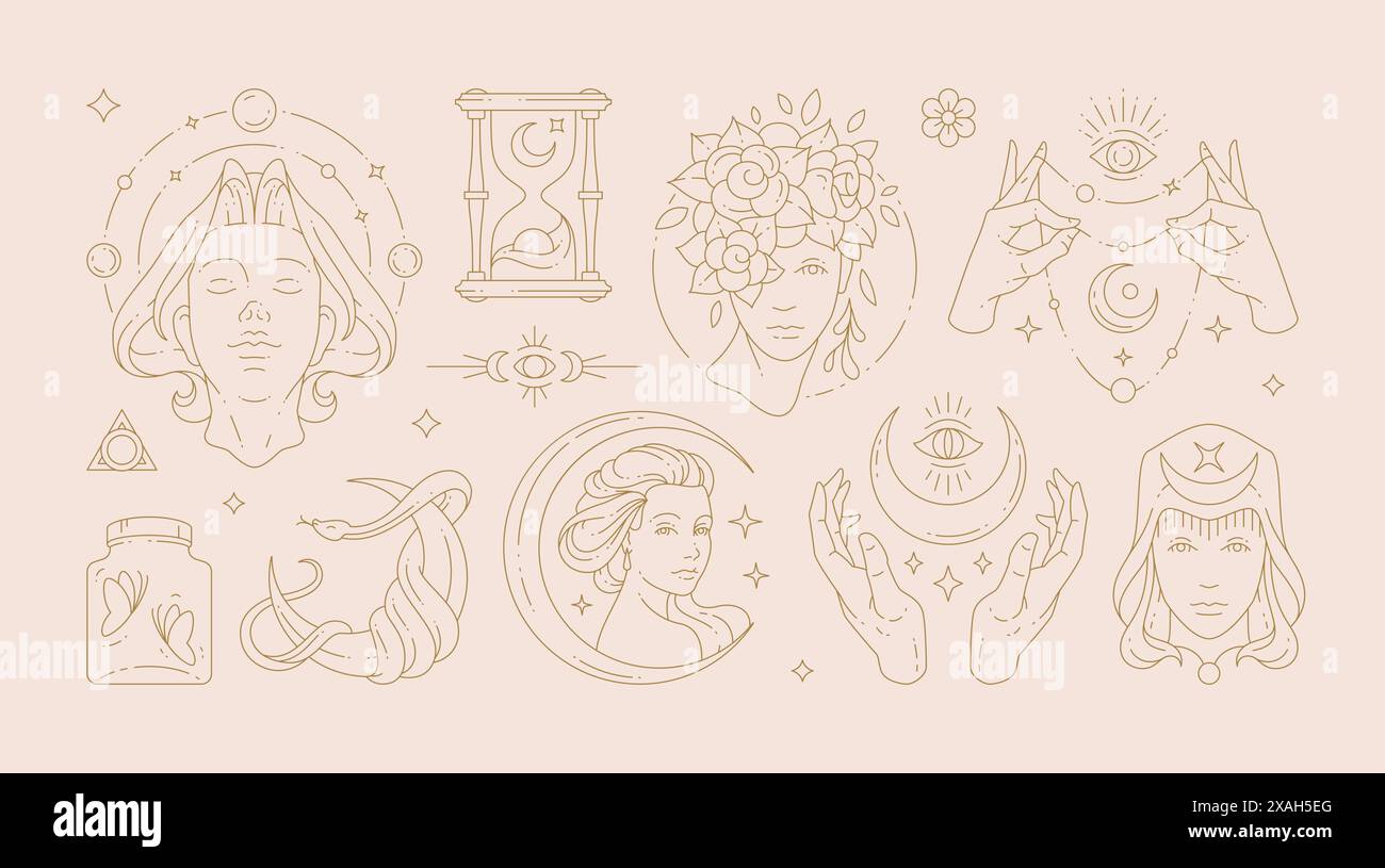 Magic woman boho vector illustrations of graceful feminine women and ...