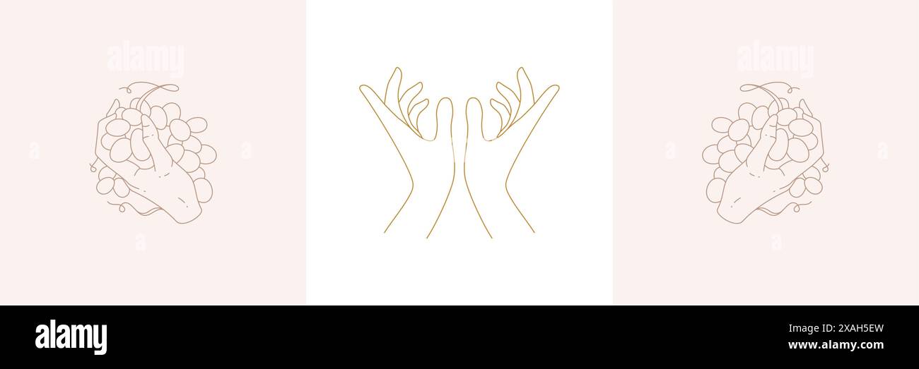 Hands holding grapes and offering prayer gesture in boho linear style ...