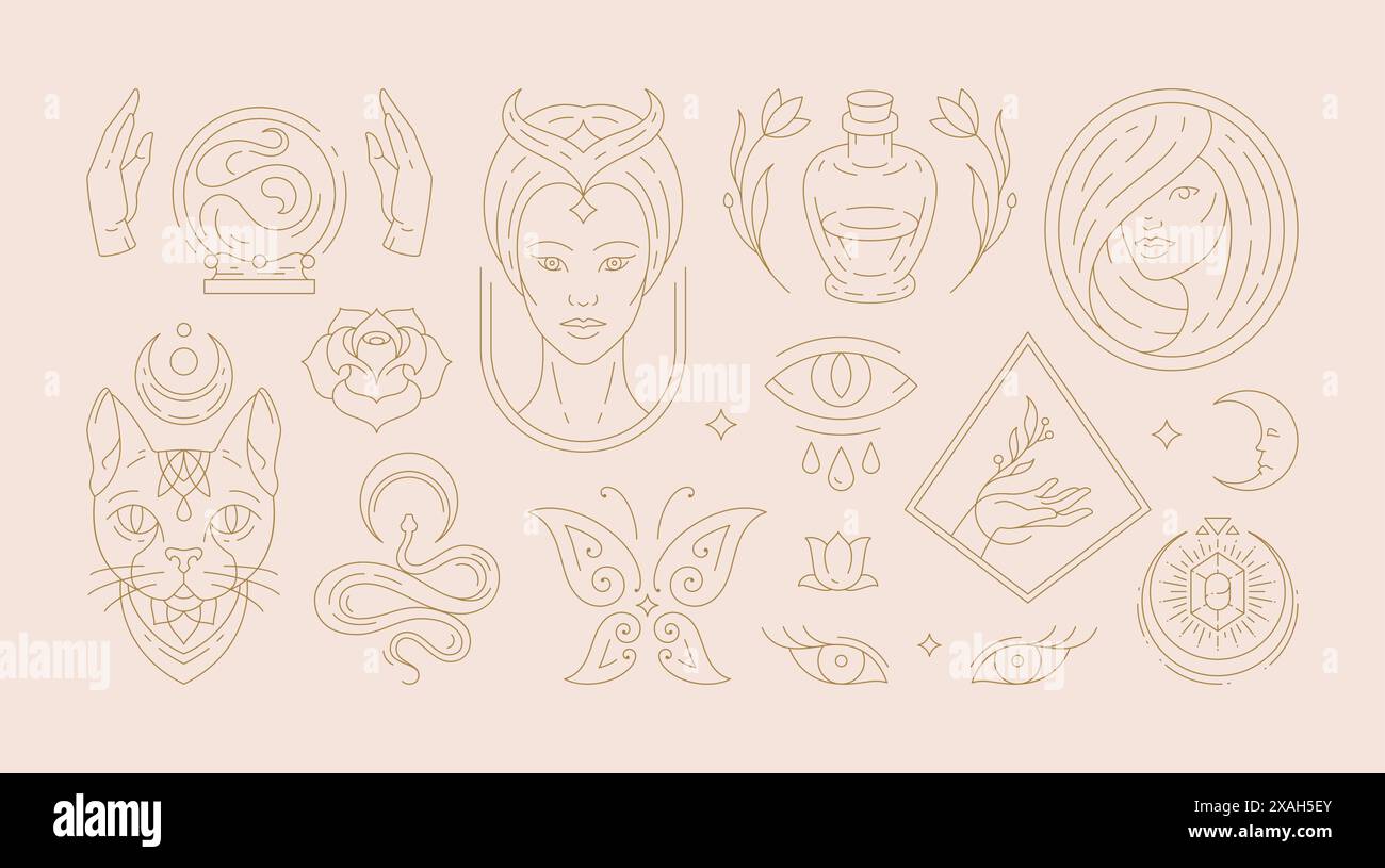Magic woman boho vector illustrations of graceful feminine women and esoteric symbols set ...