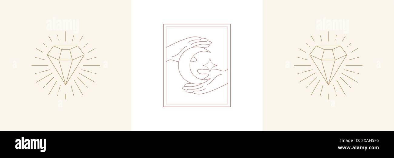 Woman hands with moon crescent and diamond in boho linear style vector ...