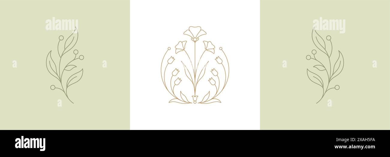Botanical plant twigs and tender flower in boho linear style vector ...