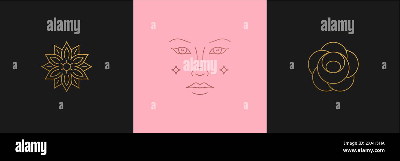 Vector line feminine decoration design elements set - flowers and ...