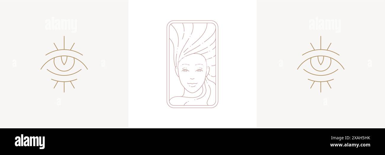 Magic woman and eye of wisdom in boho linear style vector illustrations ...