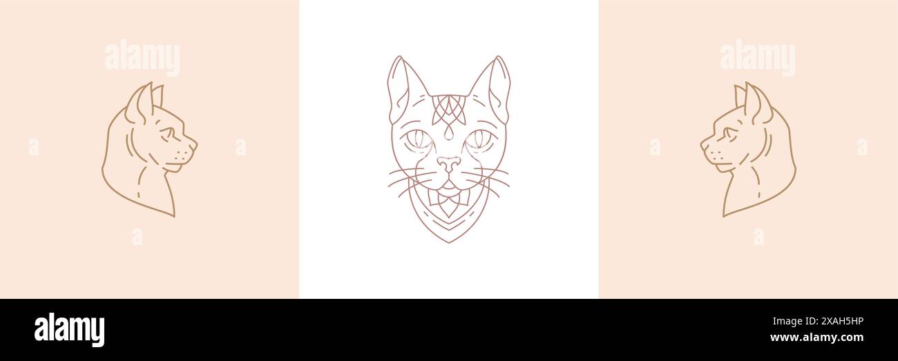 Mythology ancient cat in boho linear style vector illustrations set ...