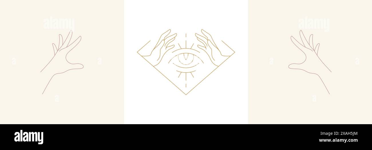 Magic woman praying hands and mystic eye in linear style vector ...