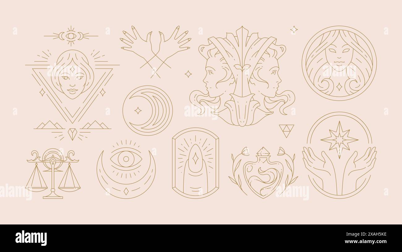 Magic woman boho vector illustrations of graceful feminine women and esoteric symbols set ...