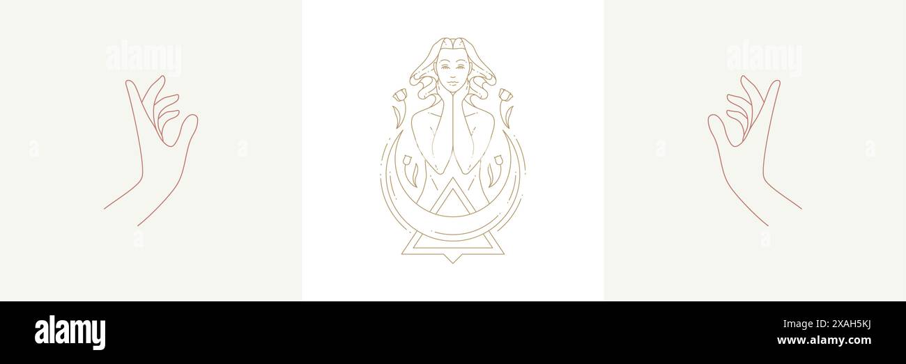 Magic woman with crescent and praying female hands gestures in boho ...
