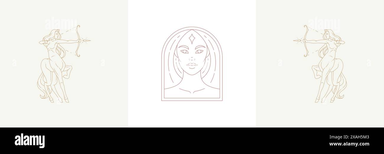 Magic woman head and female sagittarius in boho linear style vector ...